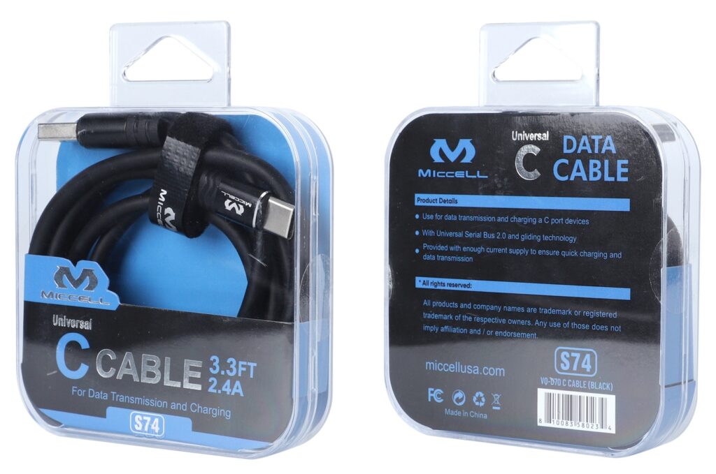 S74 Miccell Universal Data Cable 3.3ft (VQ-D70) Acrylic pack - MiccellUSA