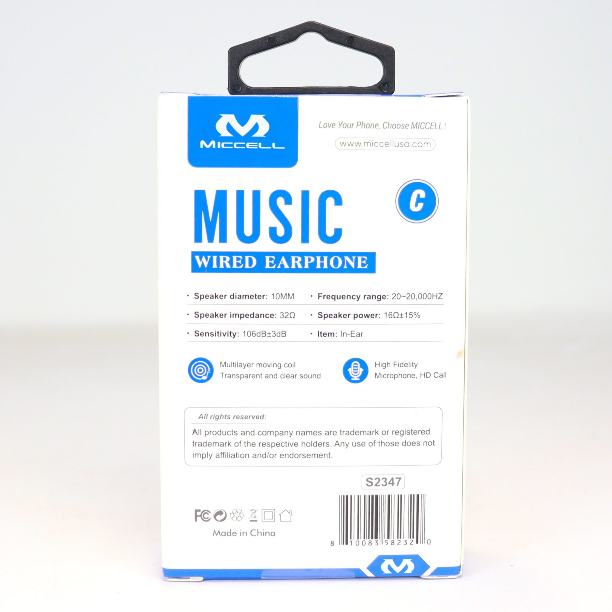 S2347 Miccell In-Ear Wired C-Type Earphone (VQ-H601) Box Pack - MiccellUSA