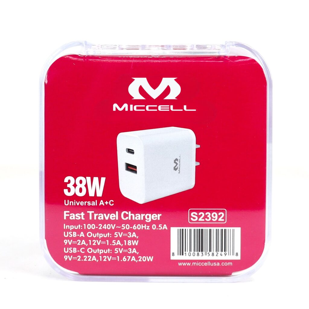 S2392 Miccell DUAL Port Fast WALL Charger 38W+3.0 (VQ-T46) Acrylic Pack - MiccellUSA