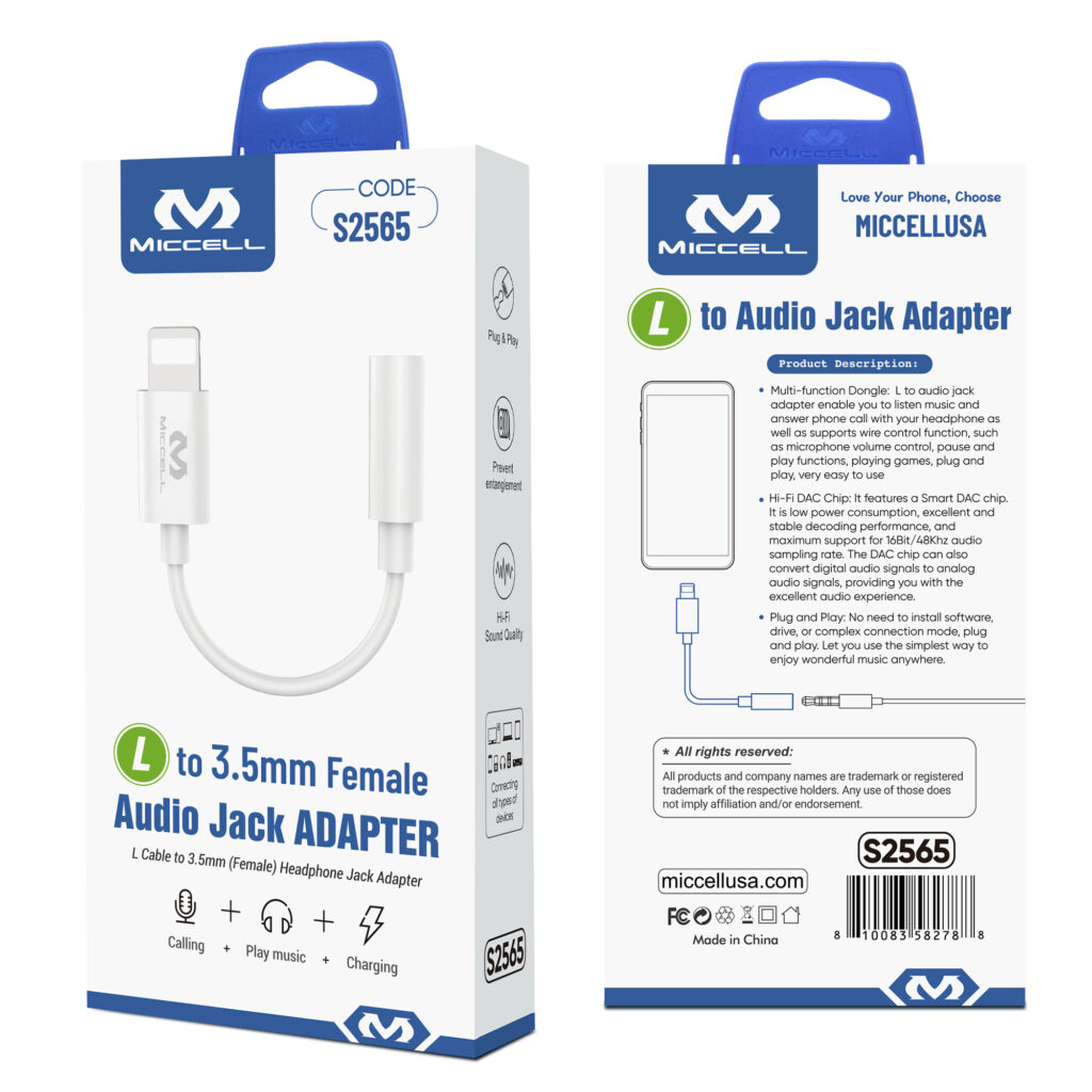 S2565 Miccell L to Headphone Jack (Aux) Adapter BOX Pack - MiccellUSA